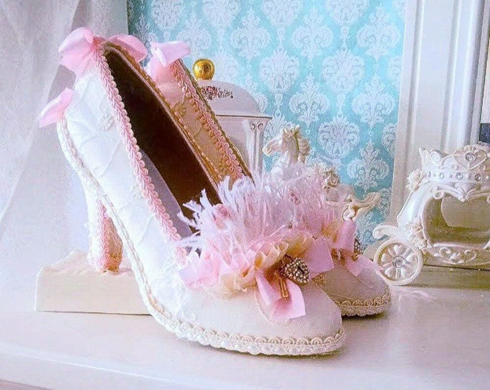Rococo Marie Antoinette Pumps: Ivory Lace, Pink Ribbon, Ostrich Feather ...