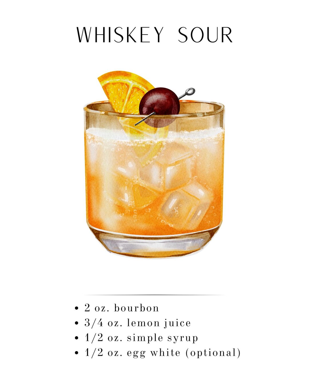 Whiskey Sour, Printable Recipe, Cocktail Printable, Bar Cart Printable ...