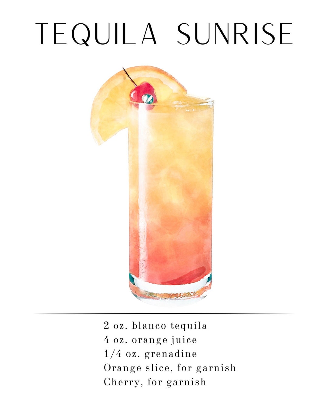 Tequila Sunrise Printable, Printable Recipe, Cocktail Printable, Bar ...