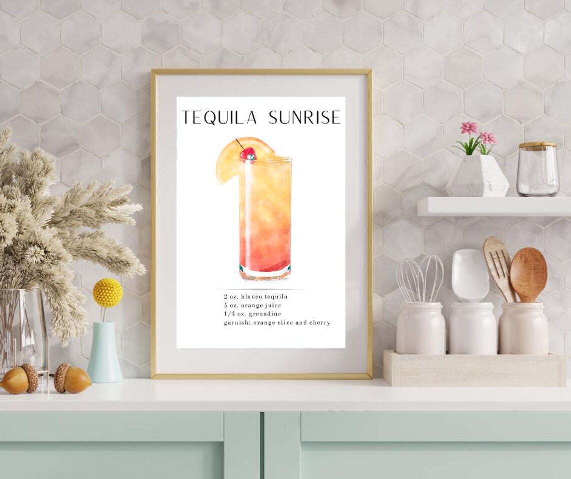 Tequila Sunrise Recipe Print | Tequila Sunrise Cocktail Art | Tropical ...