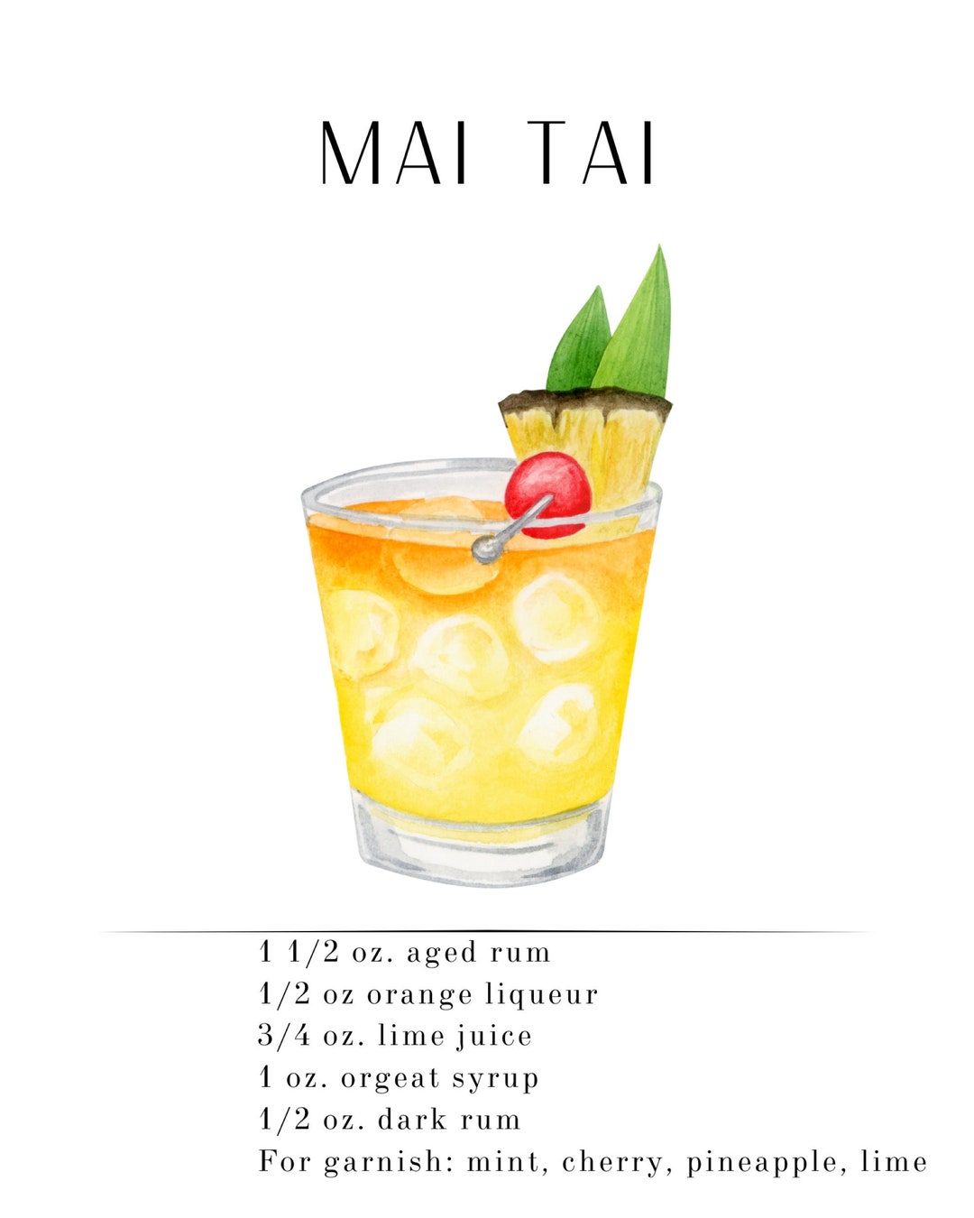 Mai Tai, Printable Bar Art, Bar Cart Art, Printable Cocktail Recipe - Etsy