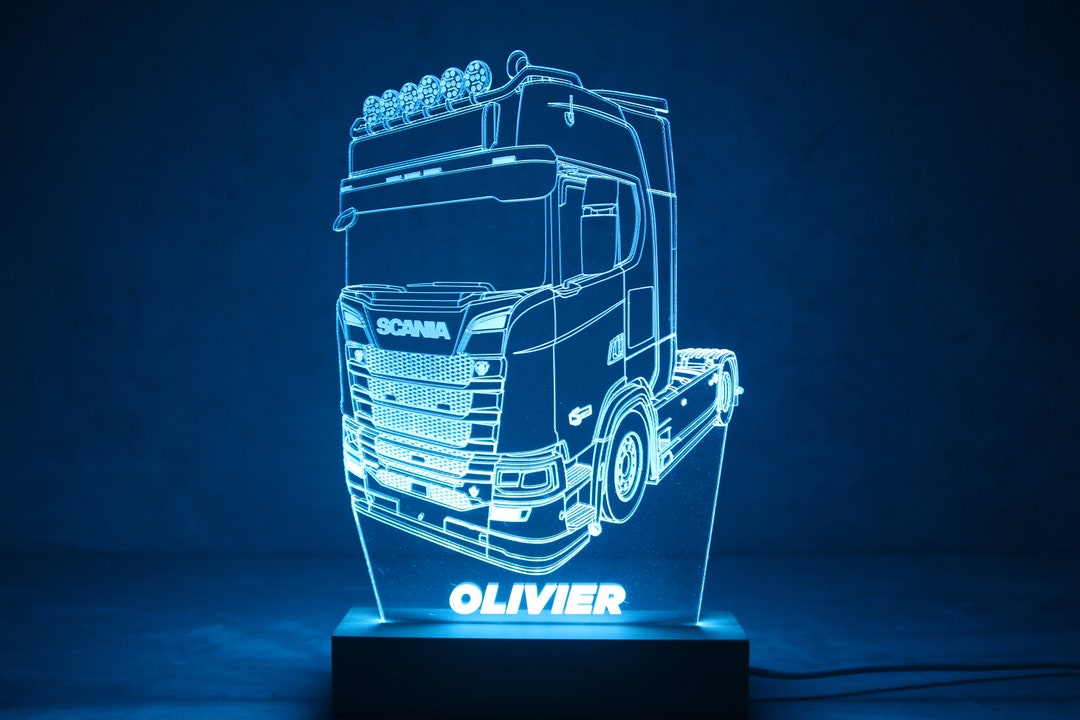 Custom Scania Truck LED Lamp Laser Engraved Plexiglass Solid Beech Base ...