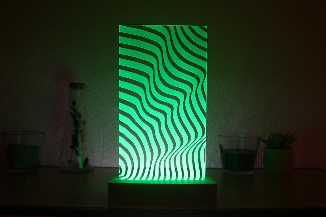 Art Deco LED Lamp Optical Illusion Plexiglass Engraved on Beech Unique ...