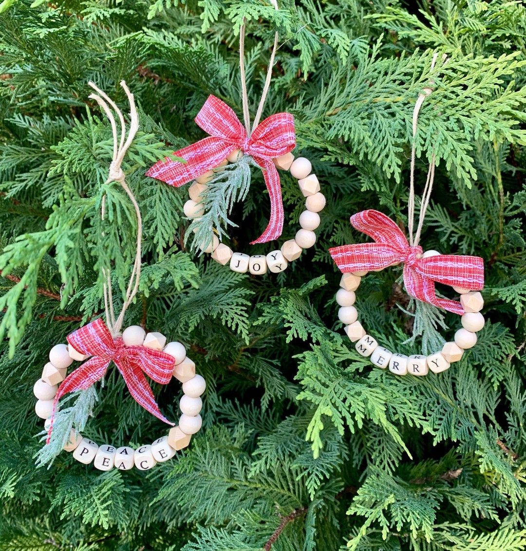 Mini Wood Bead Wreath Christmas Ornaments, Merry, Joy, Peace - Etsy