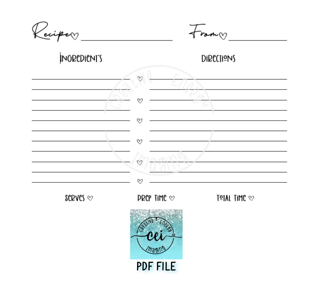 5 X 7 Large Recipe Card, DIY Recipe Card, Recipe Card W. Hearts, Recipe ...