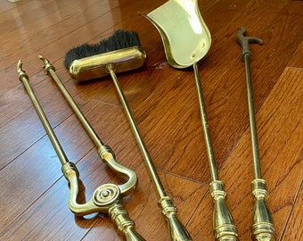 Solid Brass Vintage Fireplace Tools Set Poker Shovel Tongs Broom ...