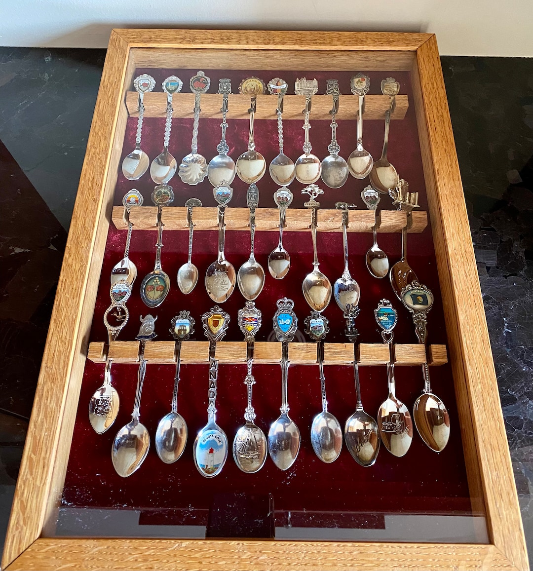 Vintage 30 Souvenir Spoons, Silver Plated Spoons, Wooden Spoon Rack ...