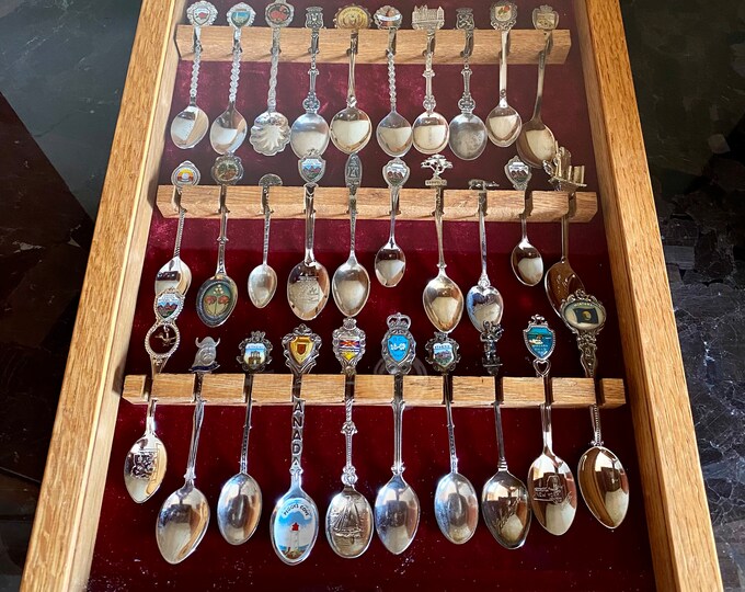 Vintage 30 Souvenir Spoons, Silver Plated Spoons, Wooden Spoon Rack ...