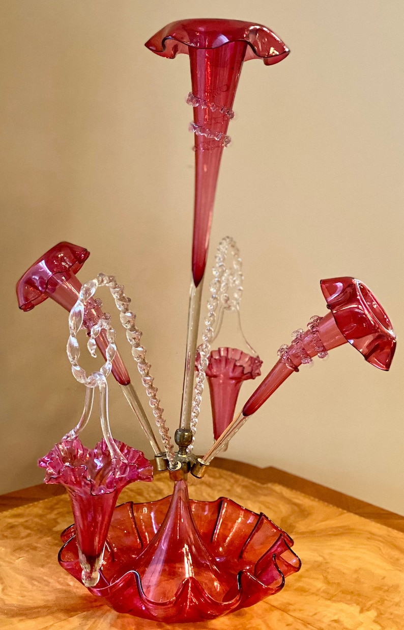 Antique Victorian Cranberry Glass Epergne, 3 Trumpets and 2 Hanging ...