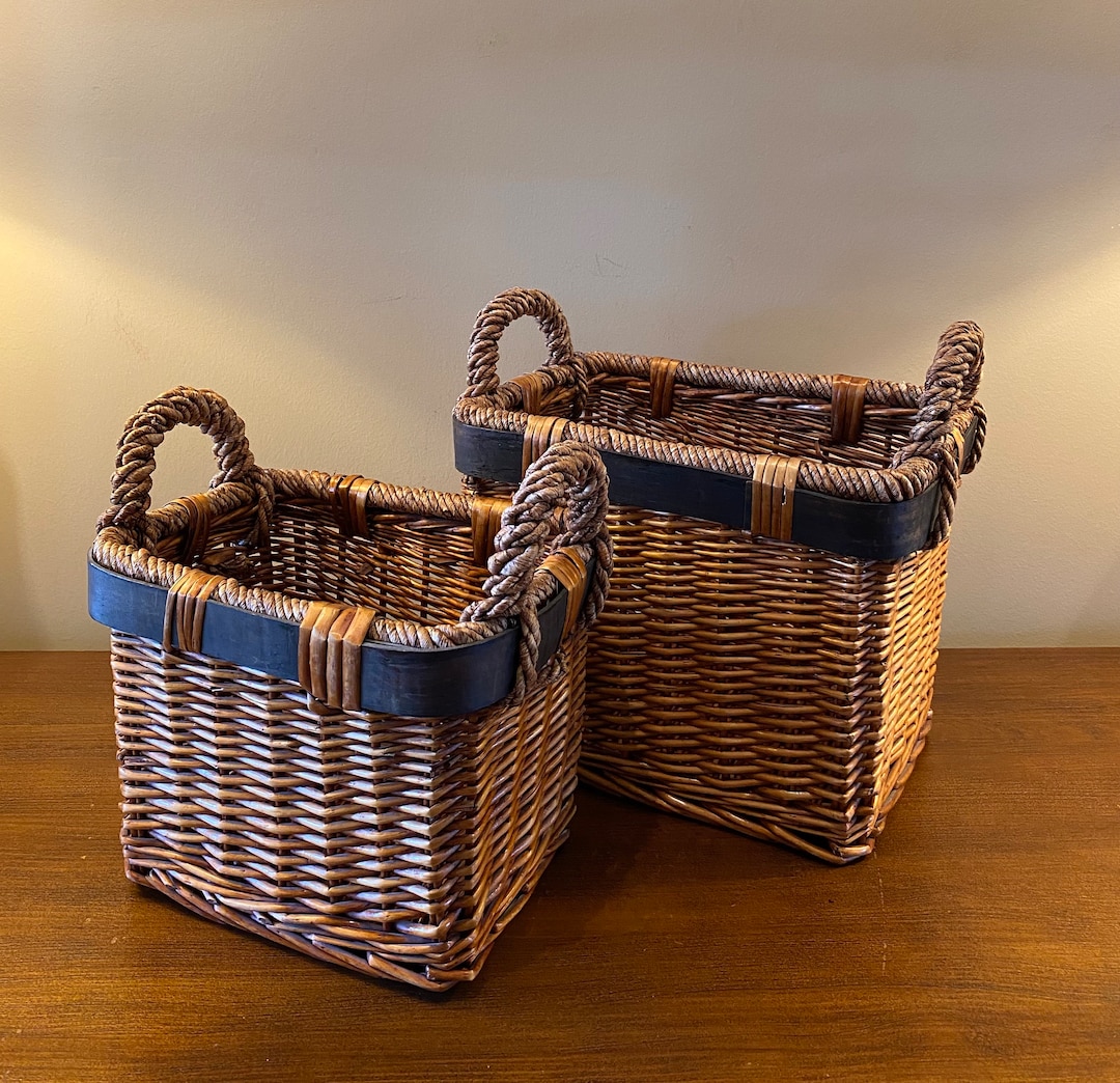 Vintage Pair of Wicker and Wooden Strip Basket - Etsy