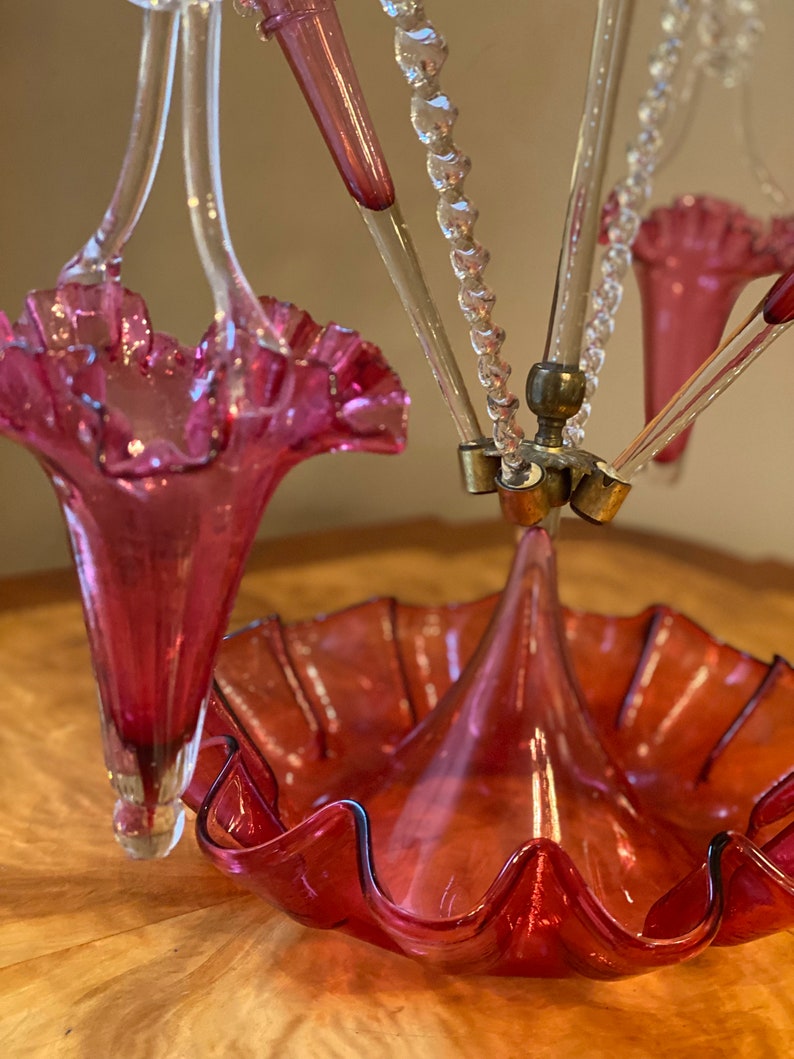 Antique Victorian Cranberry Glass Epergne, 3 Trumpets and 2 Hanging ...