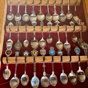 Vintage 30 Souvenir Spoons, Silver Plated Spoons, Wooden Spoon Rack ...