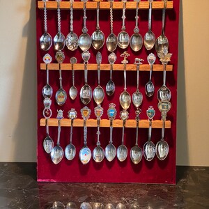 Vintage 30 Souvenir Spoons, Silver Plated Spoons, Wooden Spoon Rack ...