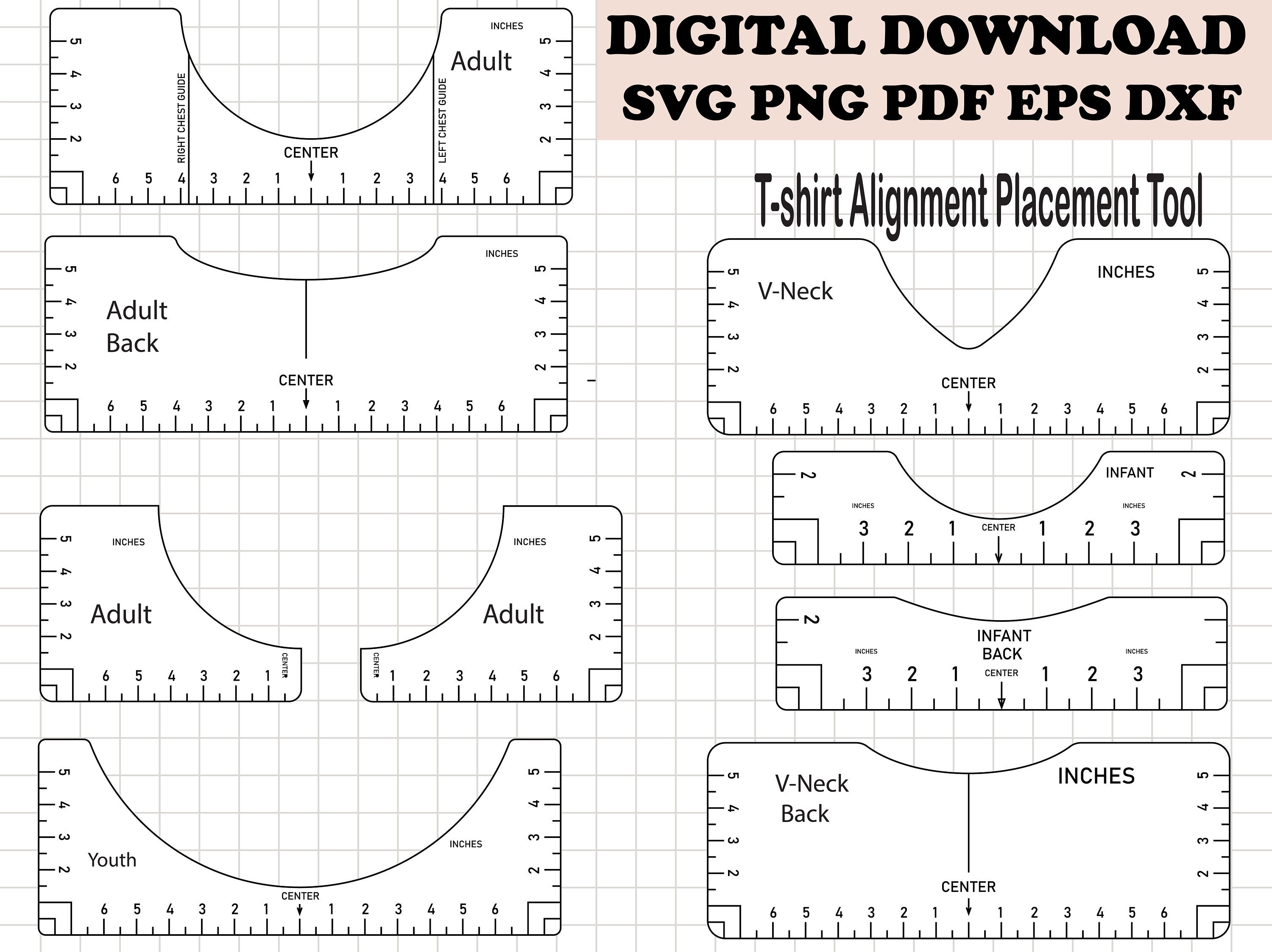 Paquete de reglas para camisetas imprimibles, plantilla de herramienta de alineación de ...
