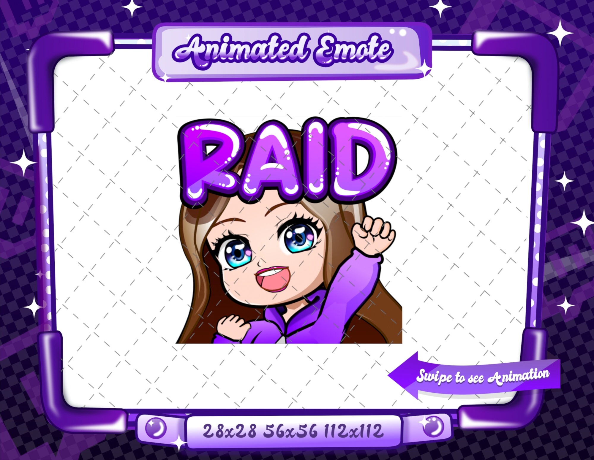 ANIMATED STATIC EMOTE Purple Chibi Raid, Animated Brown Haired Emote ...