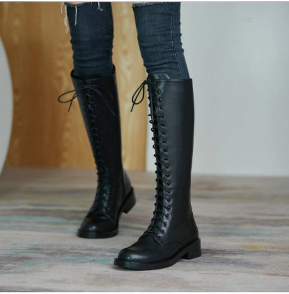Stylish Womens Leather Lace Up Knee High Boots Etsy