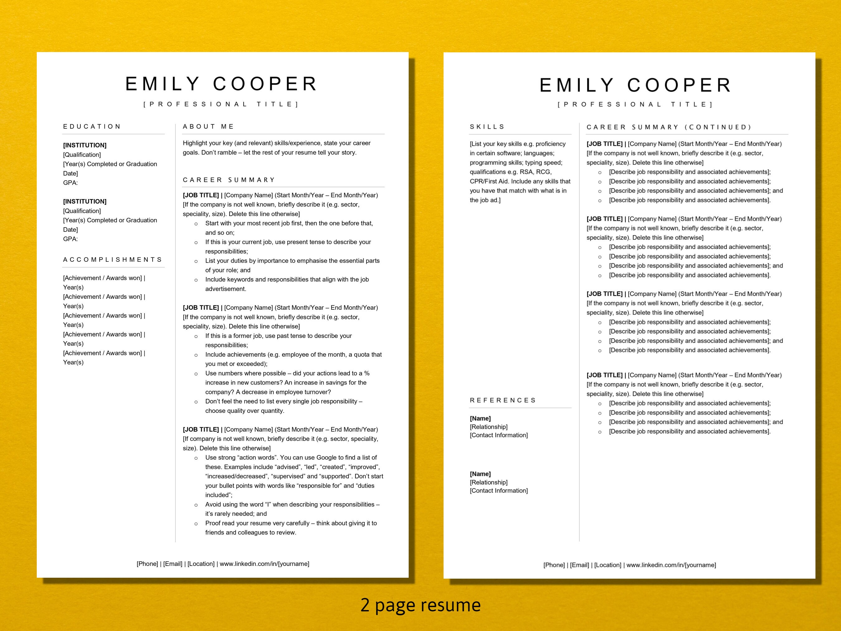 Professional Resume Template the emily Resume - Etsy