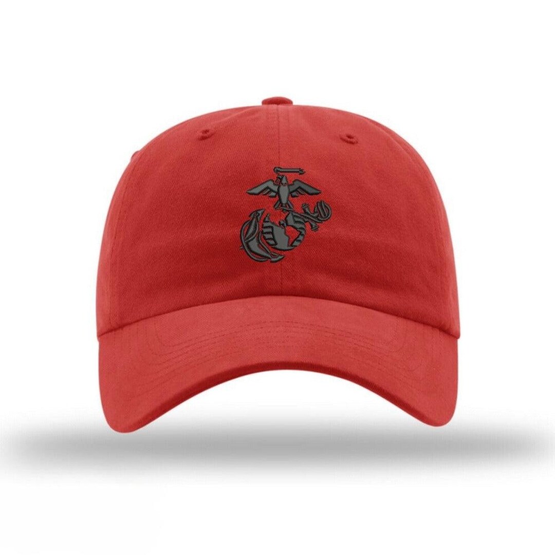 Eagle Globe & Anchor Unstructured USMC Hat Embroidery- Red Hat W/ Black ...