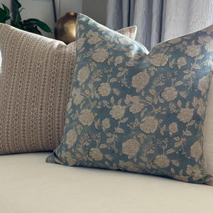 Blue Floral Pattern Pillow Cover, Block Print Decorative Linen Pillow ...