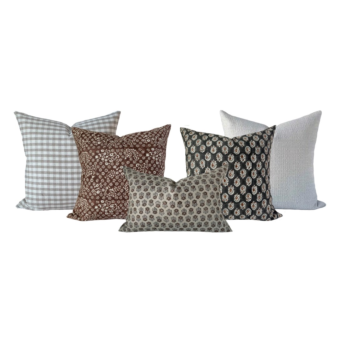 Pillow Set With Five Pillow Covers, Block Print Sofa Pillow Combo ...