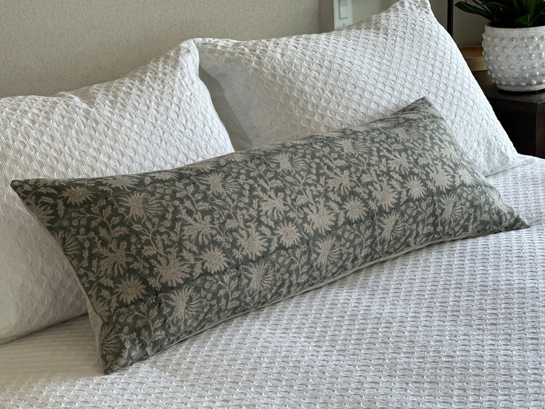 Floral Pattern Lumbar Pillow Cover, Greenish Grey Extra Long Pillow ...