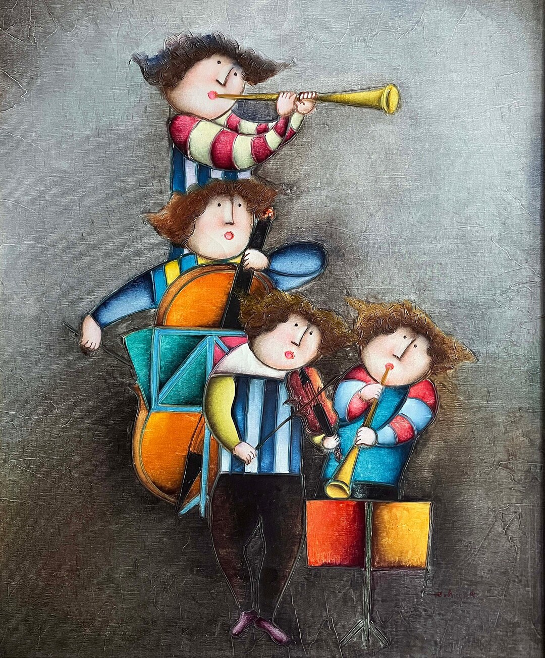 Whimsical Painting of Four Children Playing Musical Instruments - by J ...