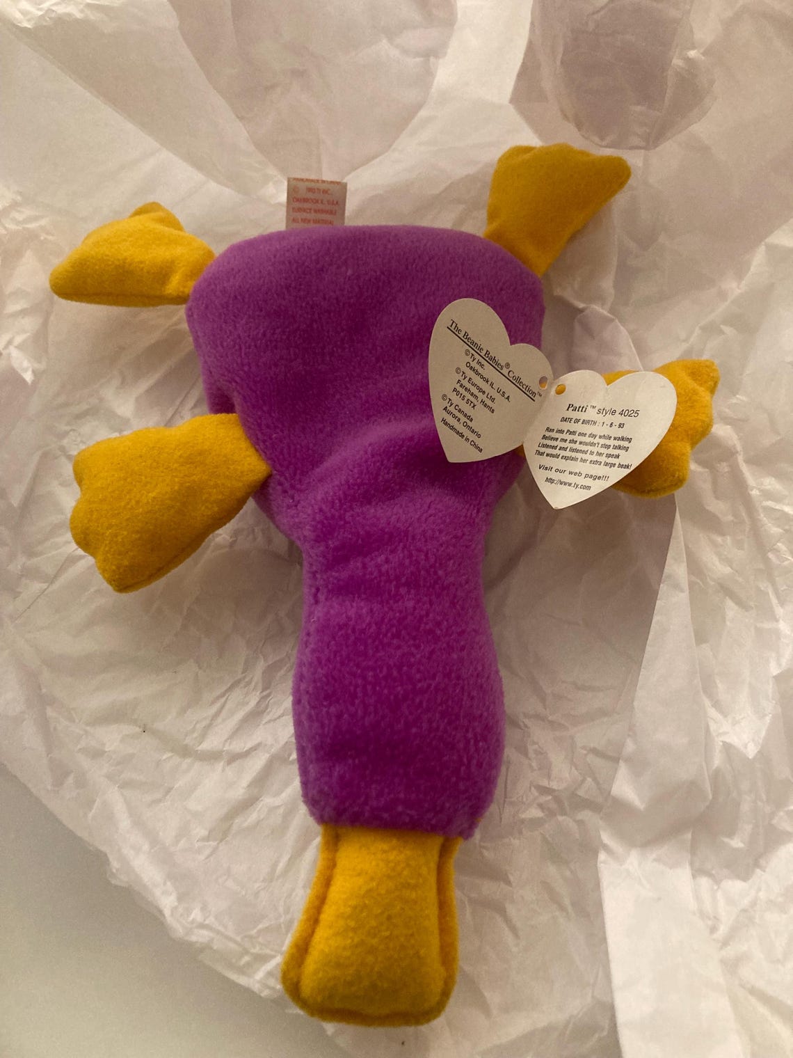 1993 Rare /vintage Ty Beanie Baby Patti the Platypus With Tag 1-6-93 ...