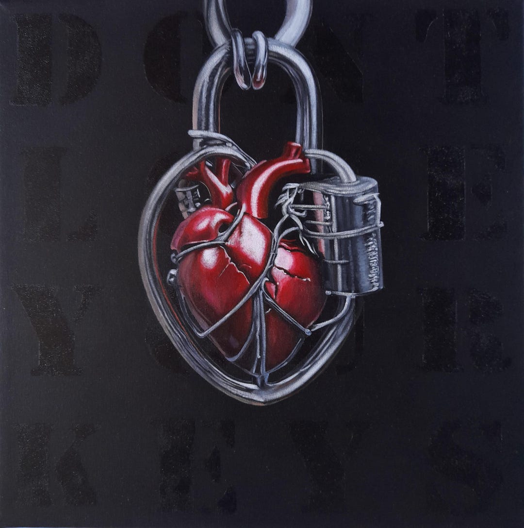 ORIGINAL WORK of Heart,human Heart Painting,padlock,wall Art,fineart ...