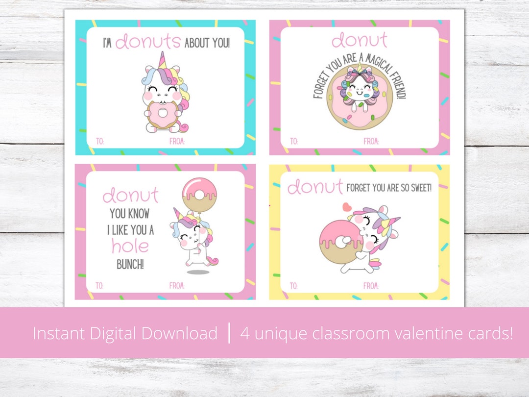 Unicorn Valentine Cards, Printable Classroom Valentine Cards, Donut ...
