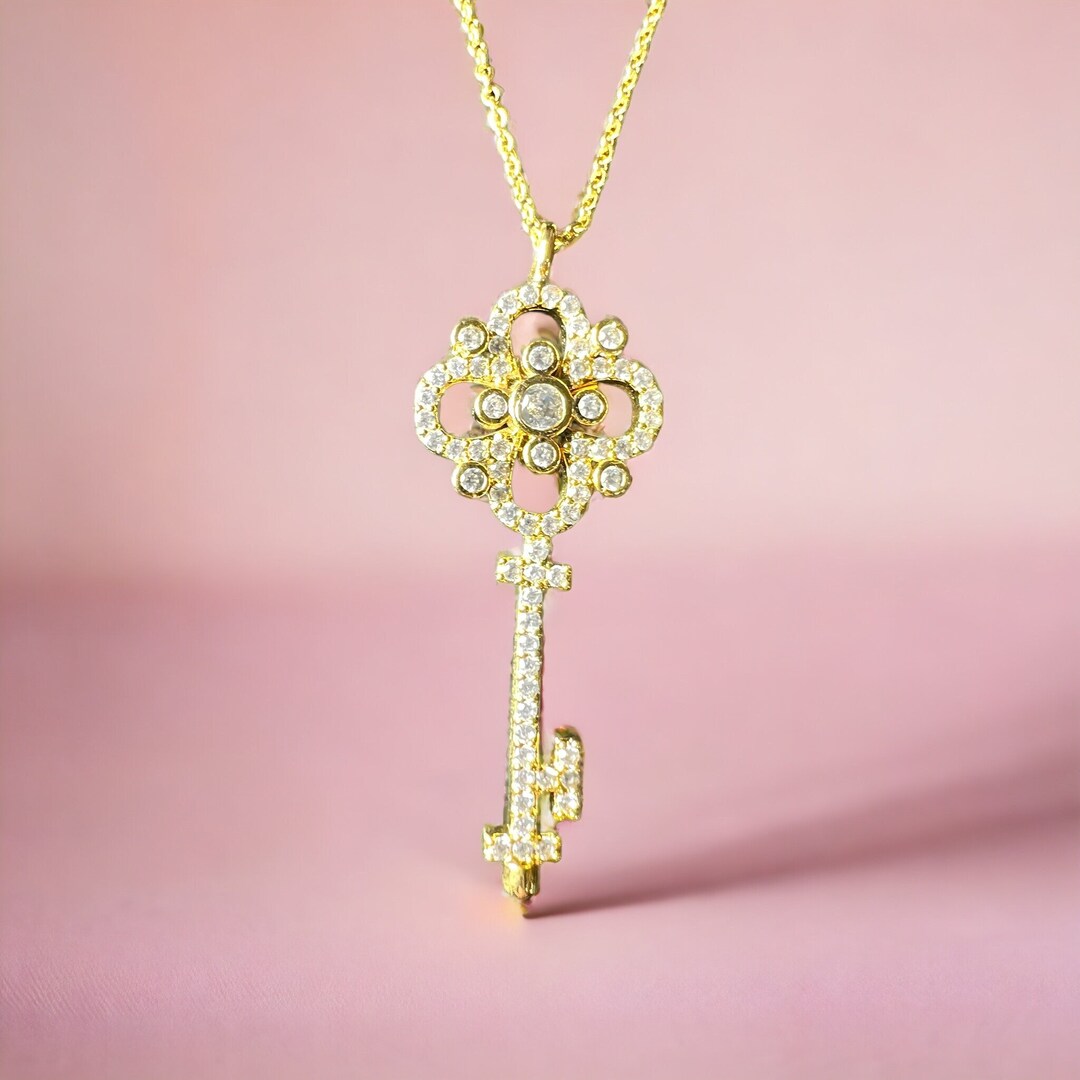 14k Gold Plated Diamond Key Necklace,diamond Accent Jewelry,fashion Key ...