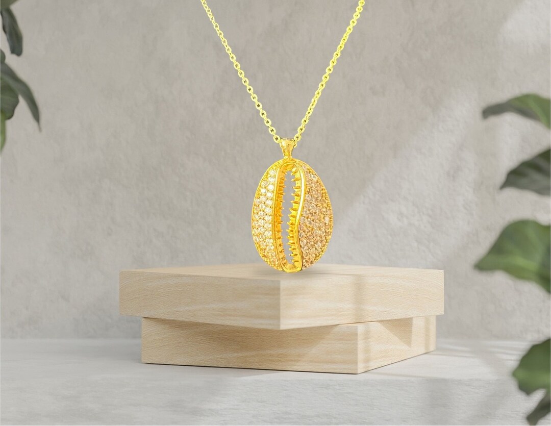 14k Gold Plated Diamond Cowrie Necklace,sea Shell Necklace, Gold Shell ...