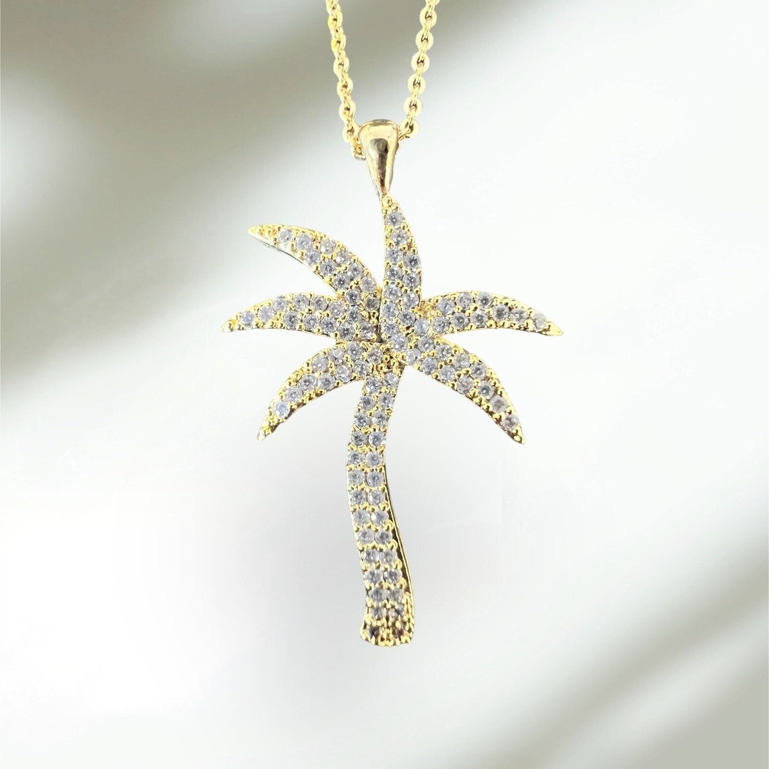 14k Gold Plated Diamond Palm Tree Necklace,palm Tree Pendant,tropical ...