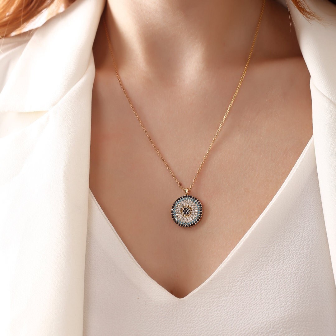 Gold Evil Eye Necklace, 14K Gold Protection Necklace, Third Eye Pendant ...