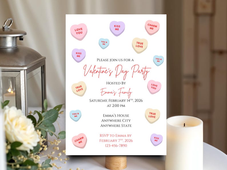 Candy Heart Valentine's Day Party Invitation, Editable Canva Template ...