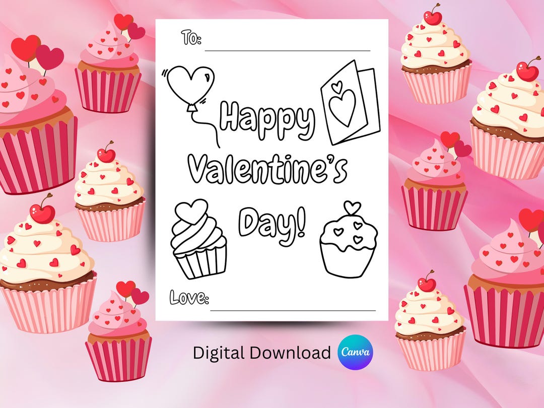 Valentine's Day Coloring Page | Hearts & Cupcakes, Kids Activity (PDF ...