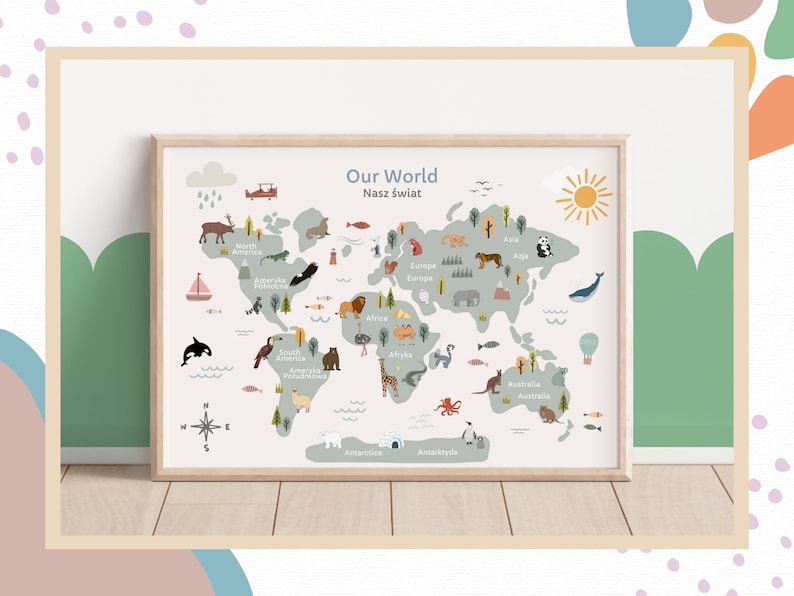 Bilingual World Map Poster | PRINTABLE | Personalised Print | | Multilingual Learning ...