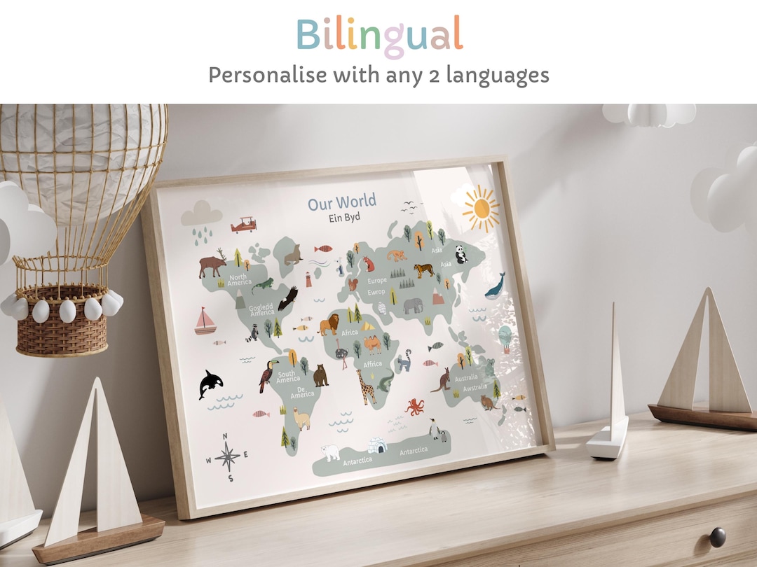 Bilingual World Map Poster | PRINTABLE | Personalised Print ...