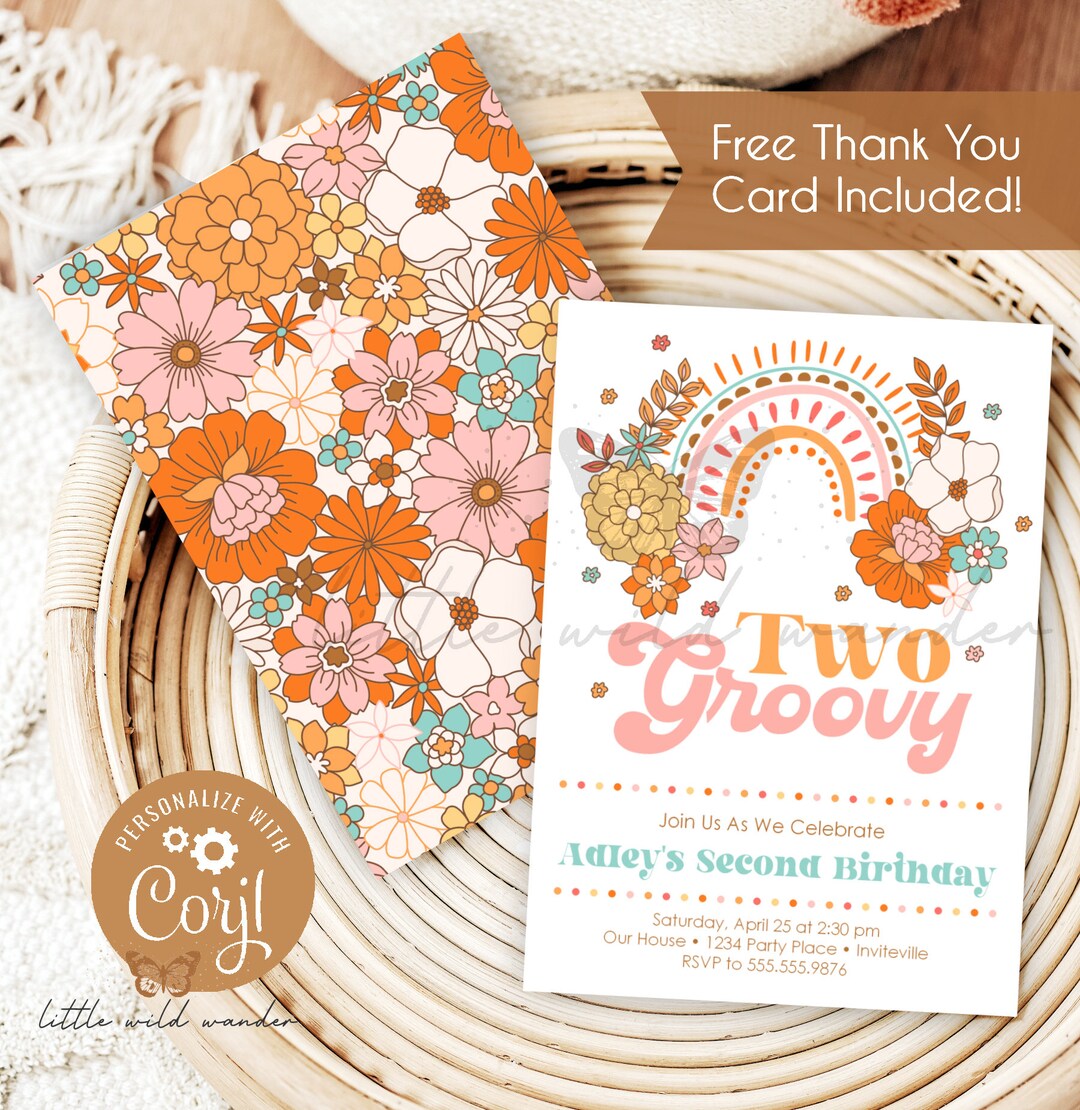 Two Groovy Birthday Invitation, Girls Hippie, 60's Retro, 70's Vibe ...