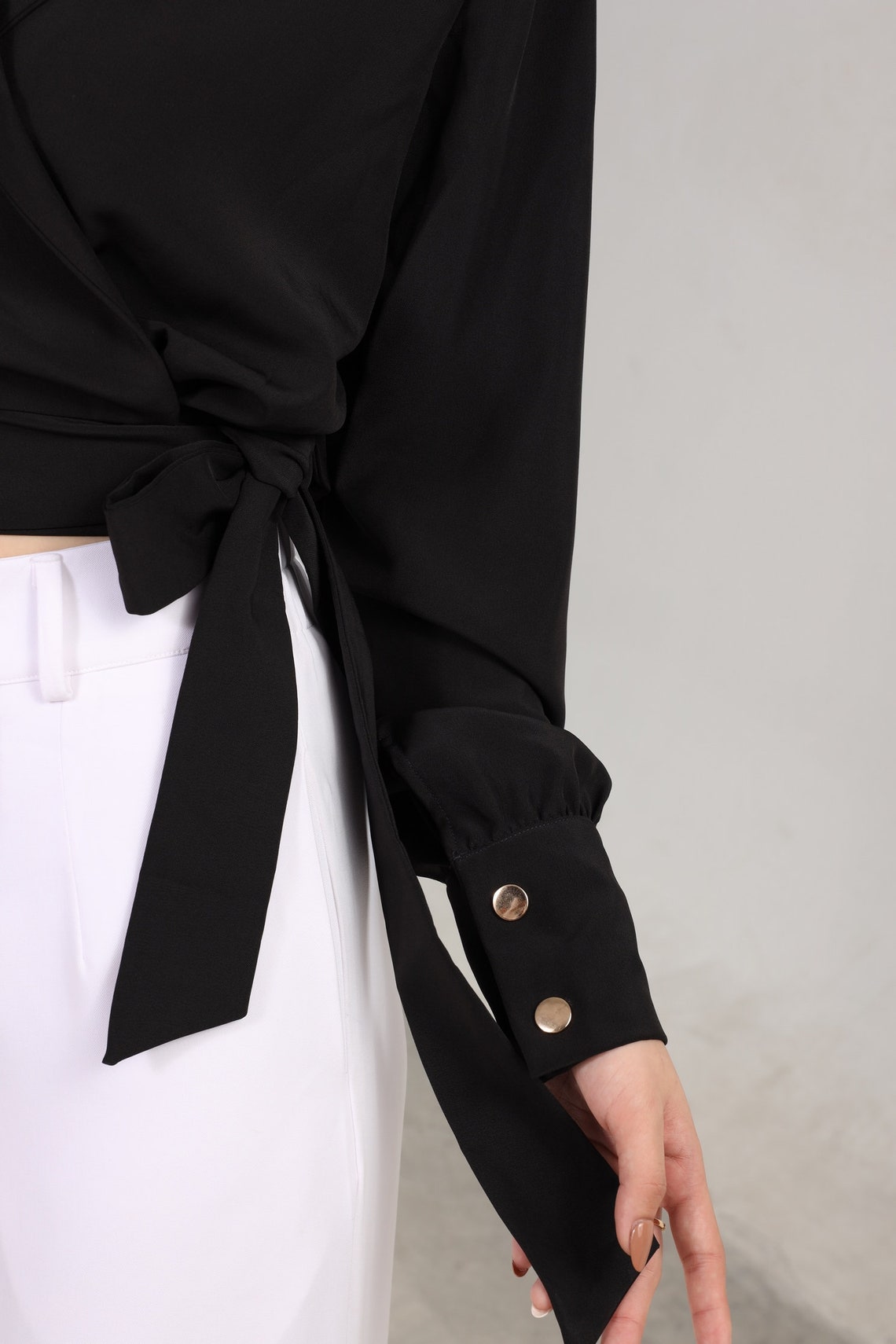 Silk Waist Tie Blouse, Long Sleeve Wrap Crop Top, Women Silk Crop Shirt ...