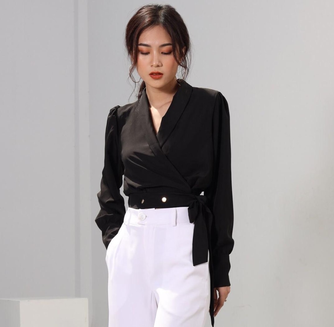 Silk Waist Tie Blouse, Long Sleeve Wrap Crop Top, Women Silk Crop Shirt ...