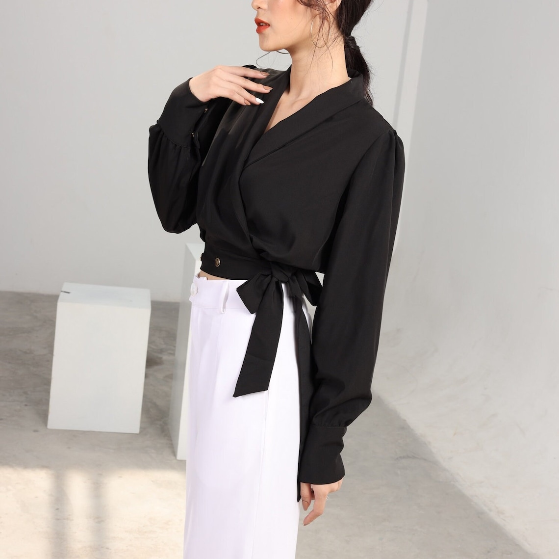 Silk Waist Tie Blouse, Long Sleeve Wrap Crop Top, Women Silk Crop Shirt ...