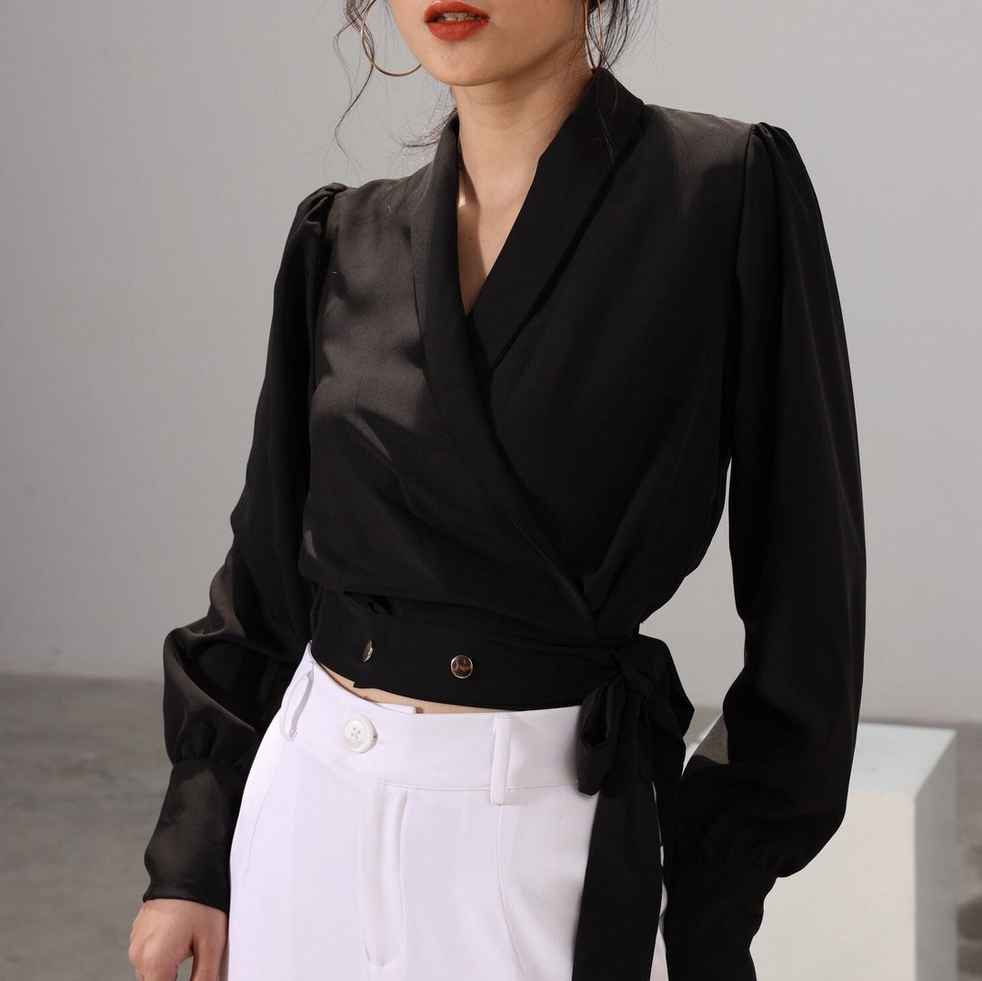 Silk Waist Tie Blouse, Long Sleeve Wrap Crop Top, Women Silk Crop Shirt ...
