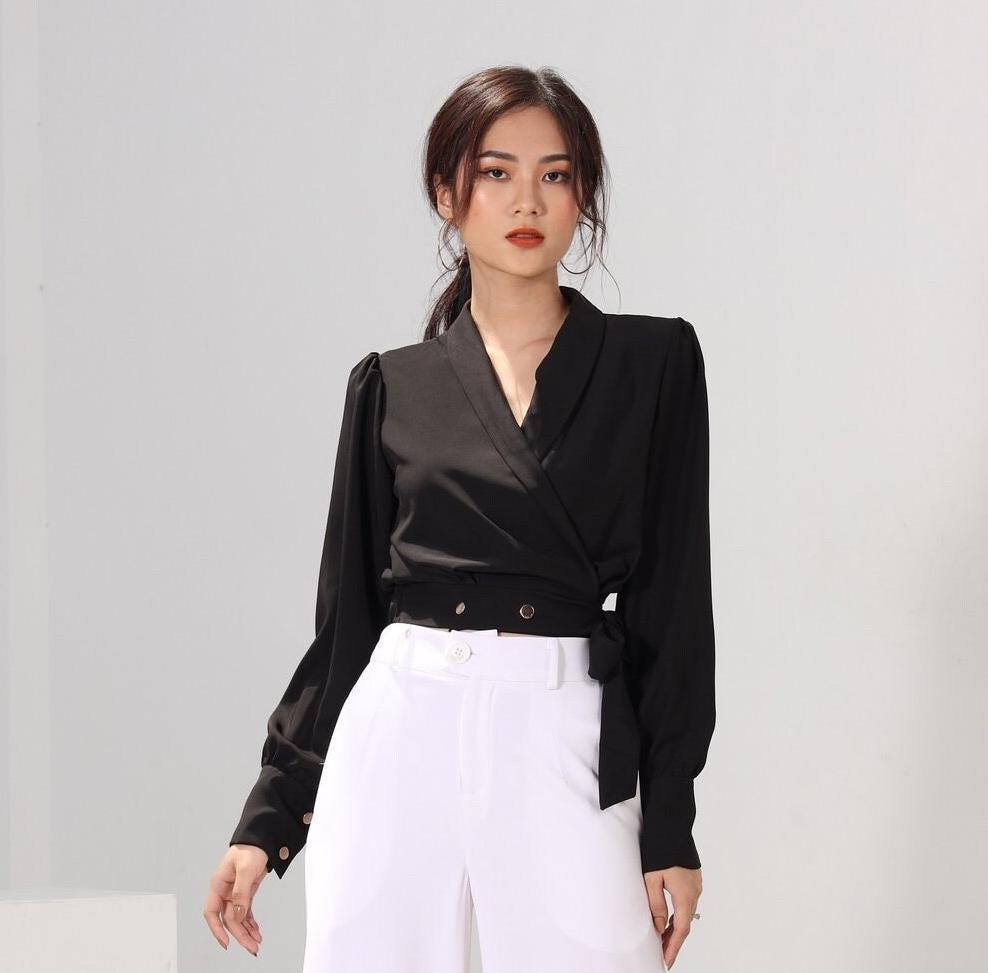 Silk Waist Tie Blouse, Long Sleeve Wrap Crop Top, Women Silk Crop Shirt ...