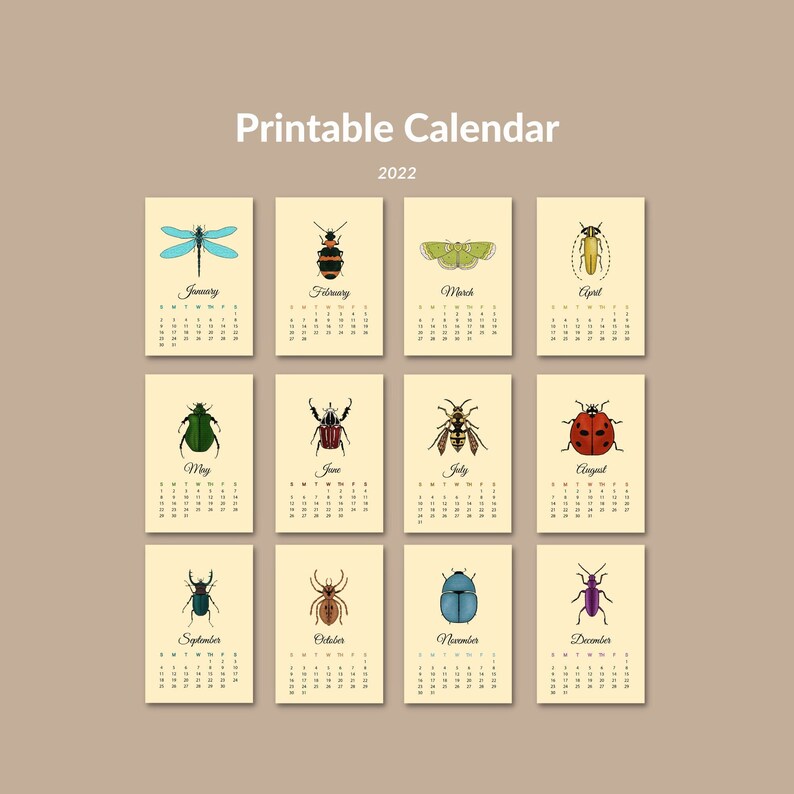 2022 Printable Calendar, 2022 Calendar Insects, 12 Months, Minimalist ...