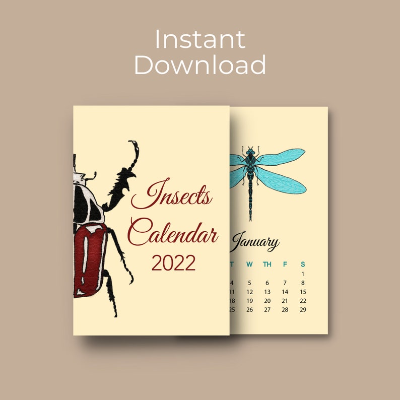 2022 Printable Calendar, 2022 Calendar Insects, 12 Months, Minimalist ...