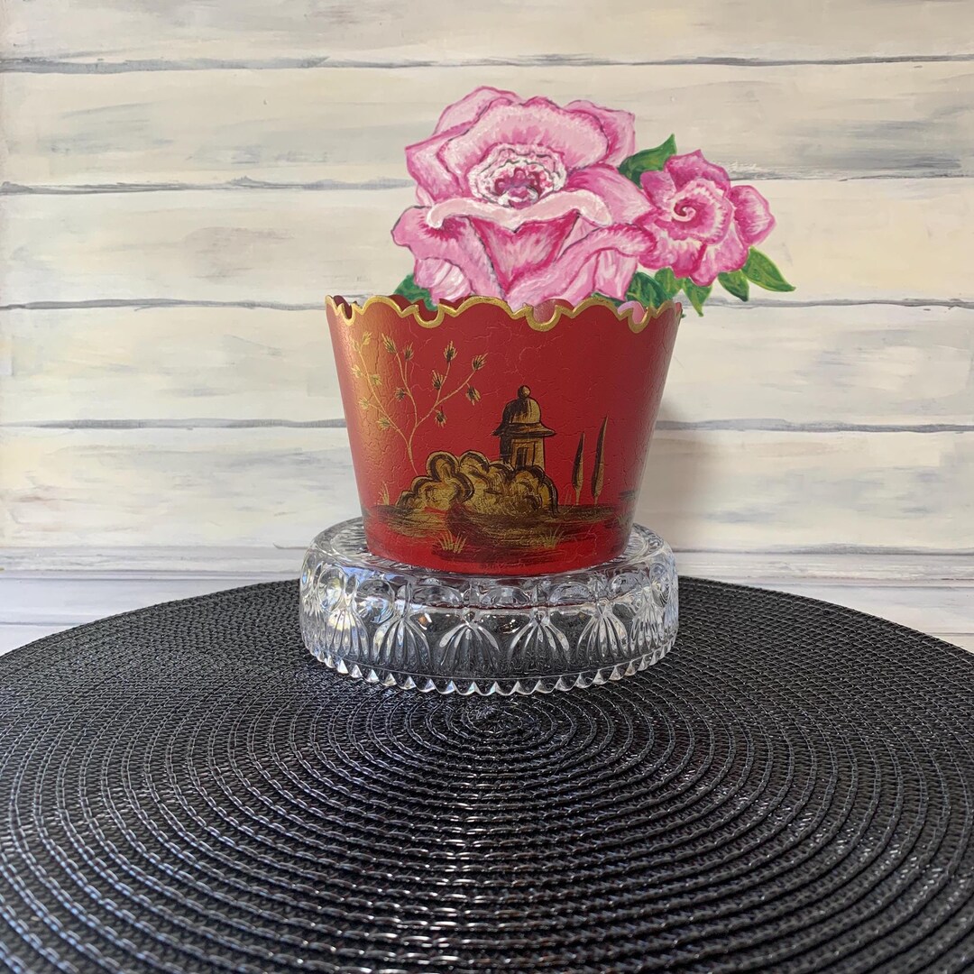 Vintage Red Chinese Cachepot, Small Metal Chinoiserie Toleware Indoor ...