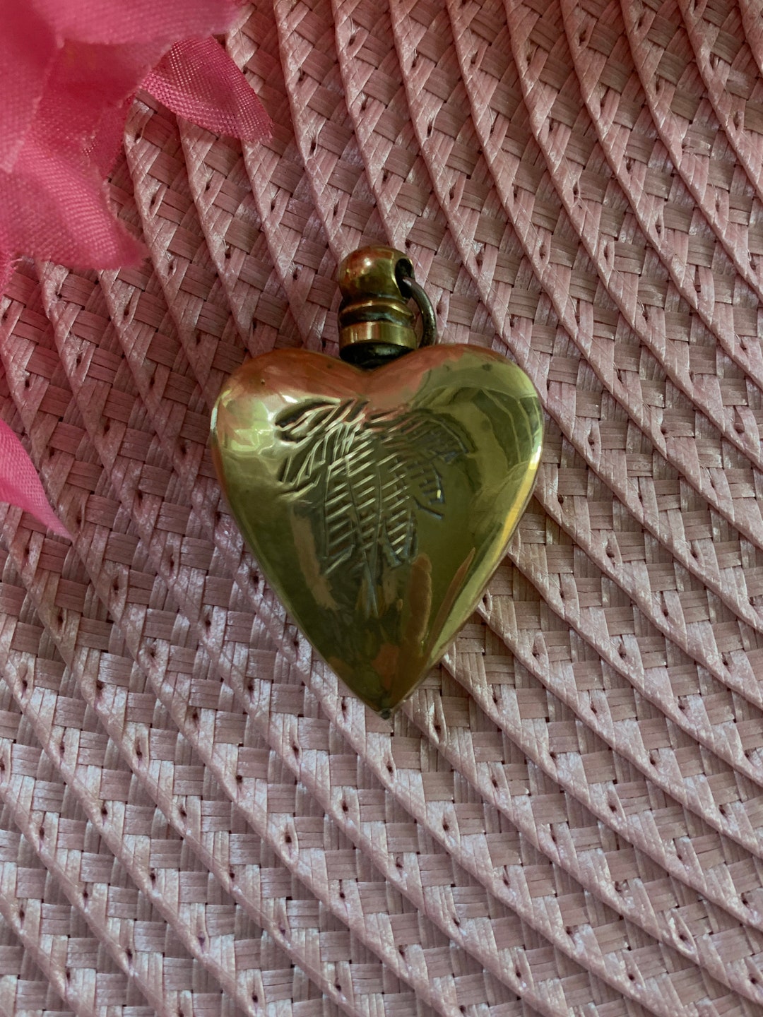 Vintage Heart Shaped Perfume Bottle Pendant for Necklace, Brass Etched ...