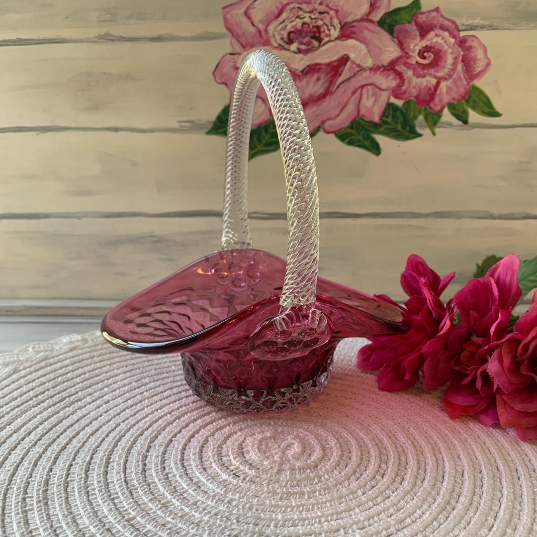 Vintage Cranberry Glass Basket Candy Dish, Quilt Pattern Clear Swirl ...