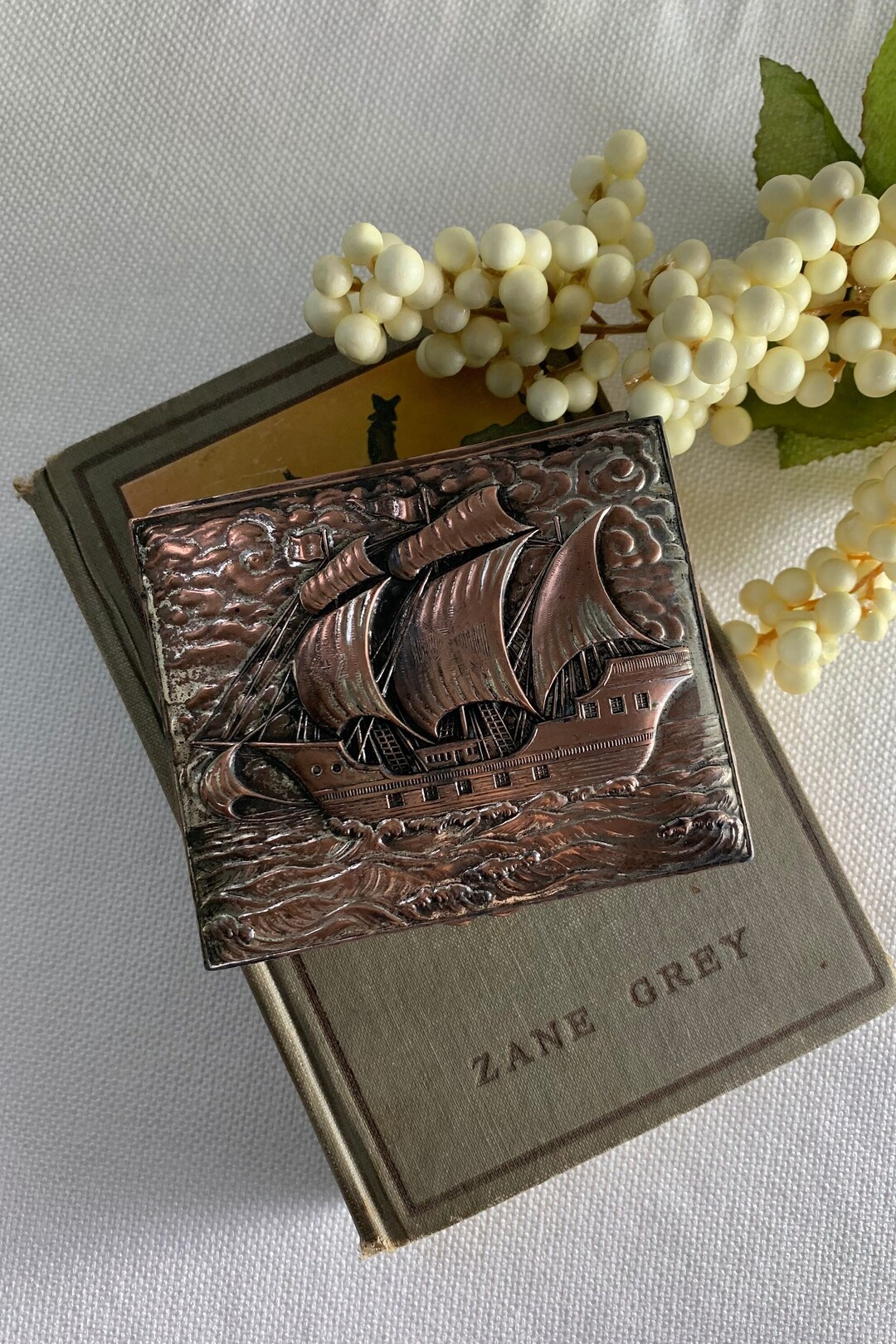 Vintage Brass Embossed Stash or Cigarette Box With Nautical Ship Design ...