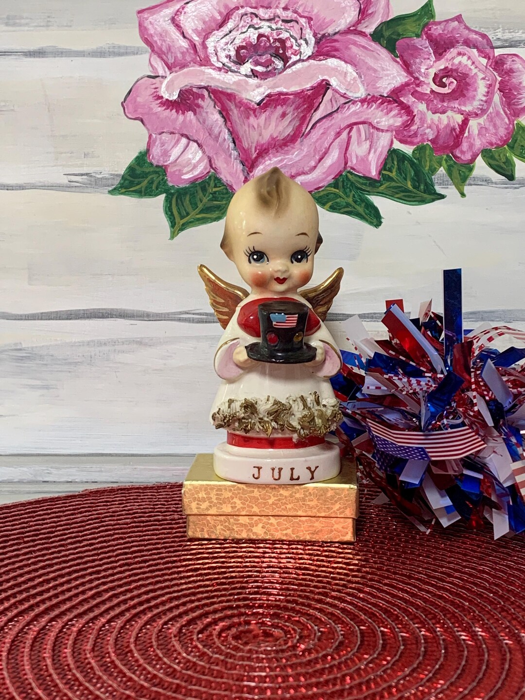 Vintage Kewpie July Angel Figurine, Ceramic USA Flag Hat With ...